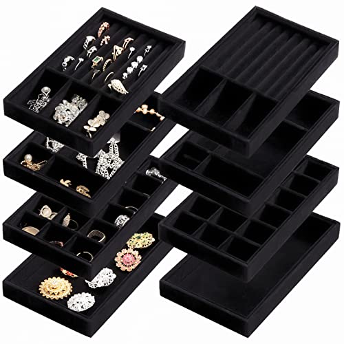 Elsjoy 8 Pack 4 Styles Velvet Jewelry Tray, 8" x 5" Jewelry Organizer Tray Stackable Jewelry Storage Tray, Drawer Jewelry Tray for Rings, Earrings, Necklace, Bracelet, Black