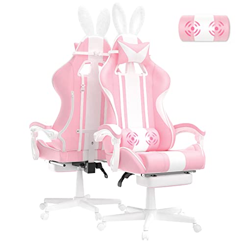 Ferghana Pink Ergonomic Gaming Desk Chairs For Office Adults & Teens, Cute Racing PC Gamer Chair With Footrest, Massage, For Girls, Recliner Silla Gamer Rosa