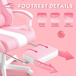 Ferghana Pink Ergonomic Gaming Desk Chairs For Office Adults & Teens, Cute Racing PC Gamer Chair With Footrest, Massage, For Girls, Recliner Silla Gamer Rosa