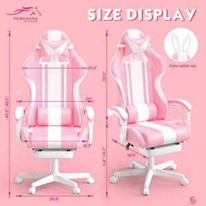 Ferghana Pink Ergonomic Gaming Desk Chairs For Office Adults & Teens, Cute Racing PC Gamer Chair With Footrest, Massage, For Girls, Recliner Silla Gamer Rosa