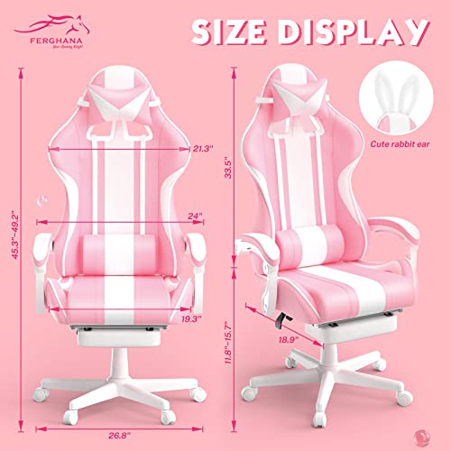 Ferghana Pink Ergonomic Gaming Desk Chairs For Office Adults & Teens, Cute Racing PC Gamer Chair With Footrest, Massage, For Girls, Recliner Silla Gamer Rosa