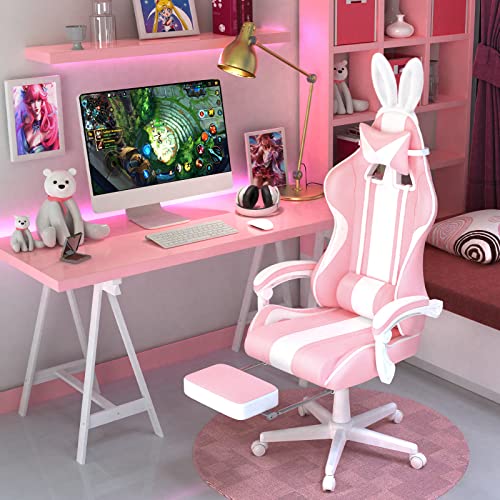 Ferghana Pink Ergonomic Gaming Desk Chairs For Office Adults & Teens, Cute Racing PC Gamer Chair With Footrest, Massage, For Girls, Recliner Silla Gamer Rosa