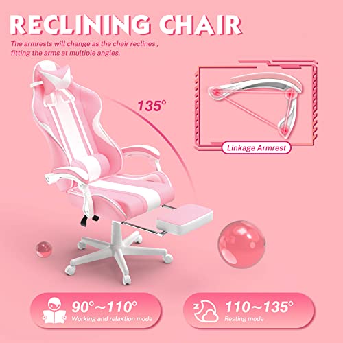 Ferghana Pink Ergonomic Gaming Desk Chairs For Office Adults & Teens, Cute Racing PC Gamer Chair With Footrest, Massage, For Girls, Recliner Silla Gamer Rosa