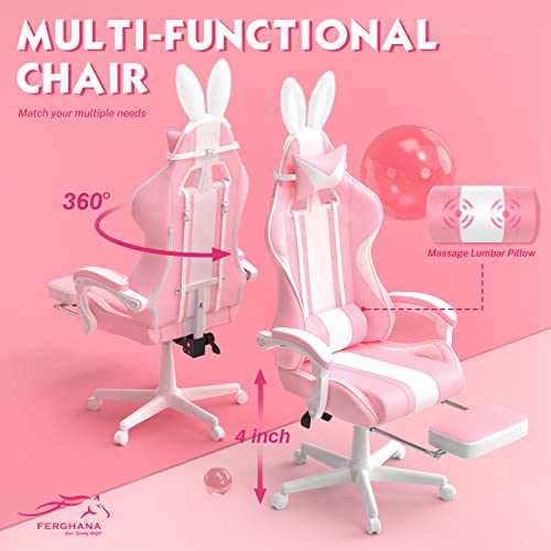 Ferghana Pink Ergonomic Gaming Desk Chairs For Office Adults & Teens, Cute Racing PC Gamer Chair With Footrest, Massage, For Girls, Recliner Silla Gamer Rosa