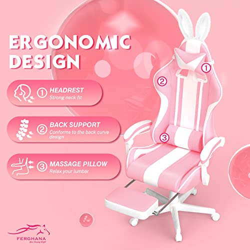 Ferghana Pink Ergonomic Gaming Desk Chairs For Office Adults & Teens, Cute Racing PC Gamer Chair With Footrest, Massage, For Girls, Recliner Silla Gamer Rosa