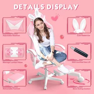 Ferghana Pink Ergonomic Gaming Desk Chairs For Office Adults & Teens, Cute Racing PC Gamer Chair With Footrest, Massage, For Girls, Recliner Silla Gamer Rosa