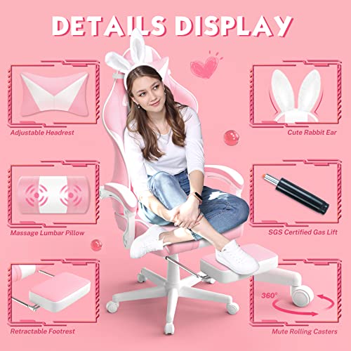 Ferghana Pink Ergonomic Gaming Desk Chairs For Office Adults & Teens, Cute Racing PC Gamer Chair With Footrest, Massage, For Girls, Recliner Silla Gamer Rosa