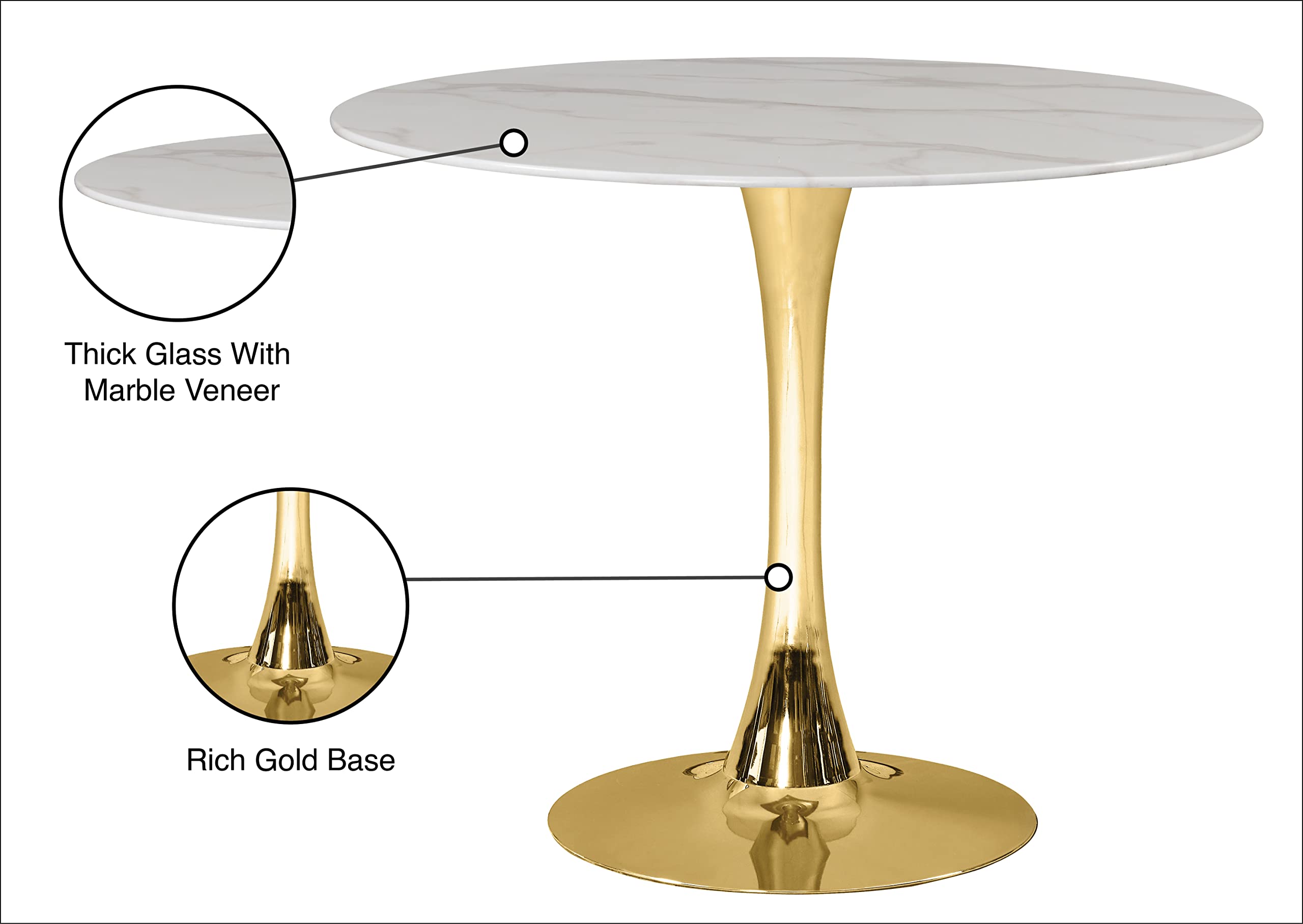 Meridian Furniture Holly Collection Modern | Contemporary Round Faux Marble Top Dining Table, 36" Wide, Gold Metal Base