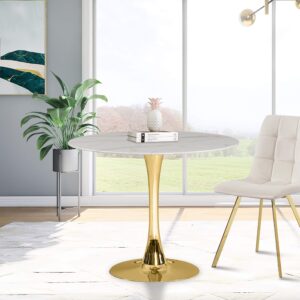 Meridian Furniture Holly Collection Modern | Contemporary Round Faux Marble Top Dining Table, 36" Wide, Gold Metal Base