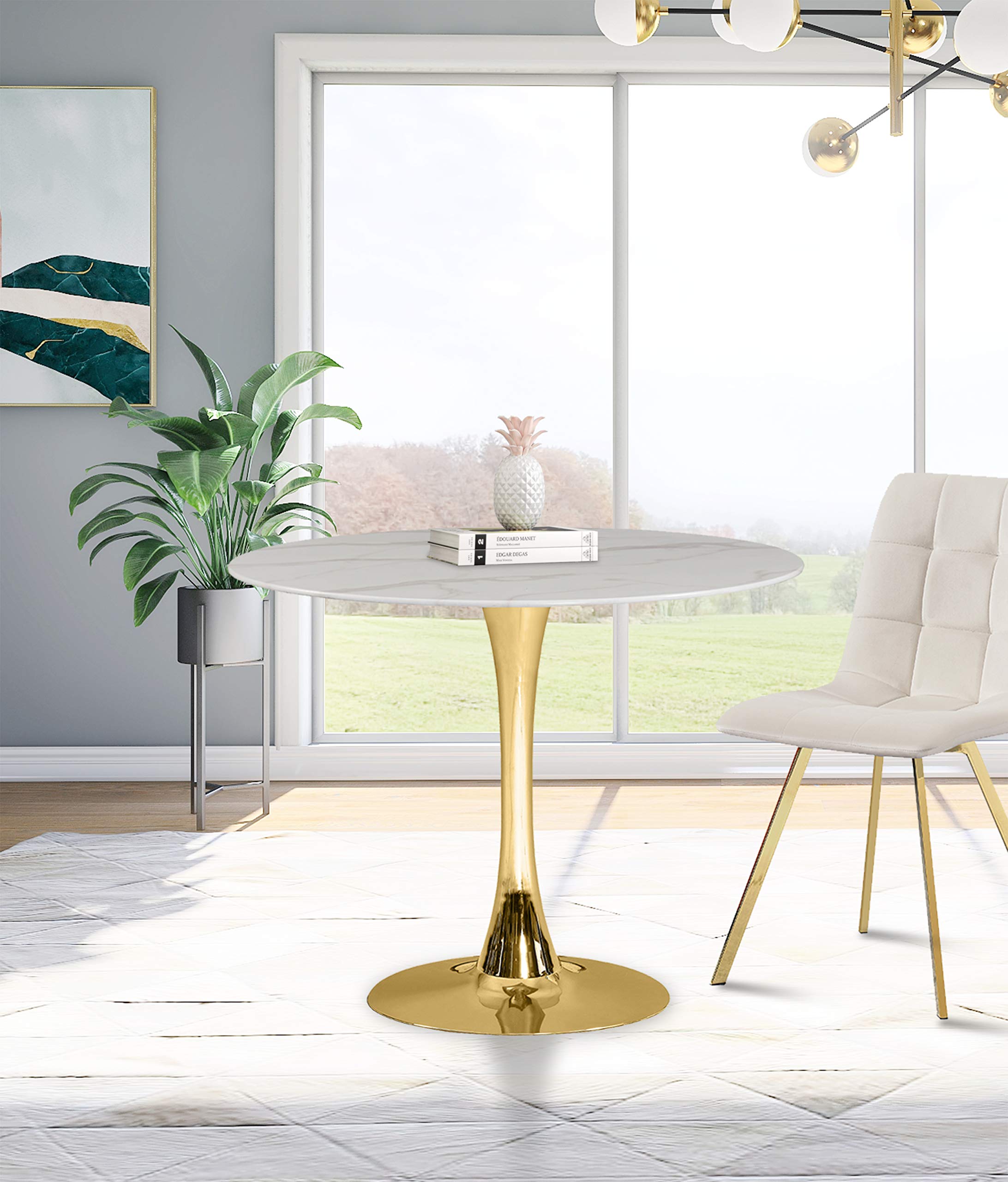 Meridian Furniture Holly Collection Modern | Contemporary Round Faux Marble Top Dining Table, 36" Wide, Gold Metal Base