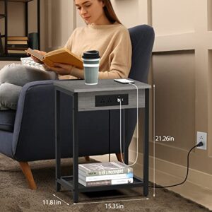 Nightstand with Charging Station Bedroom End Table Set of 2 Modern Side Table with USB Ports and outlets 2-Tier Dark Grey Bedside Table for Living Room Farmhouse Furniture