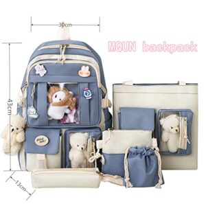 MQUN Kawaii Backpack 5 Pcs School Backpack Cute Aesthetic BackpackSet Aesthetic School Bags Cute Bookbag with Badge& Plush Pendan,Shoulder Bag,Pencil Box,Tote Bag,Small Bag