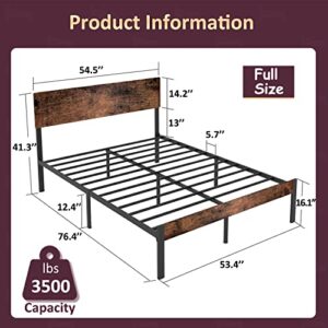 Bilily Full Size Bed Frame with Wooden Headboard and Footboard, Metal Platform Bed Frame with Strong Steel Slat Support, Mattress Foundation/No Box Spring Needed/Non-Slip/Noise Free