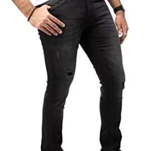 RAW X Men's Skinny Stretch Neon Trim Rip & Repair Jeans, Athletic Fit Destroyed Distressed Washed Denim Straight Leg Pants, Neon 90015 - Jet Black, 48W x 32L