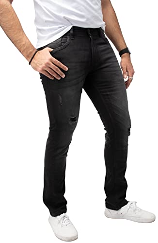 RAW X Men's Skinny Stretch Neon Trim Rip & Repair Jeans, Athletic Fit Destroyed Distressed Washed Denim Straight Leg Pants, Neon 90015 - Jet Black, 48W x 32L