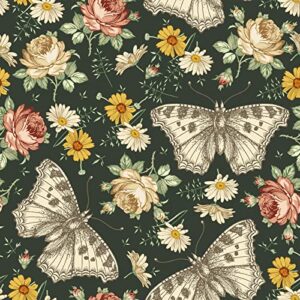 varypaper dark floral wallpaper peel and stick vintage daisy peony butterfly mural 17.7"x78.7" waterproof removable black contact paper for cabinets drawers walls