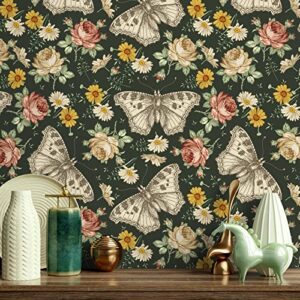 VaryPaper Dark Floral Wallpaper Peel and Stick Vintage Daisy Peony Butterfly Mural 17.7"x78.7" Waterproof Removable Black Contact Paper for Cabinets Drawers Walls