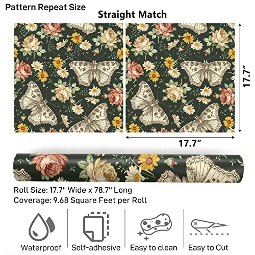 VaryPaper Dark Floral Wallpaper Peel and Stick Vintage Daisy Peony Butterfly Mural 17.7"x78.7" Waterproof Removable Black Contact Paper for Cabinets Drawers Walls