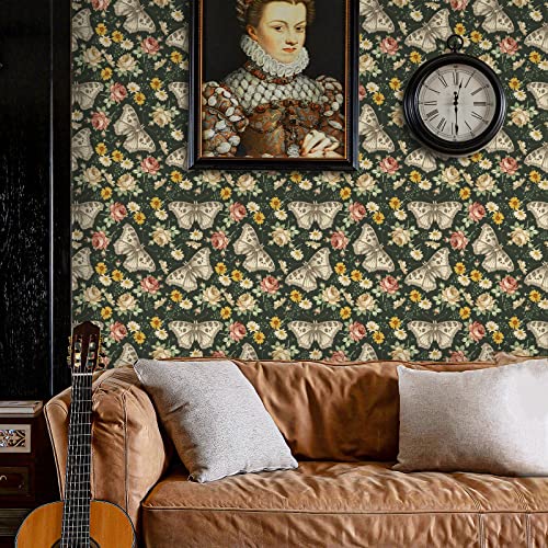 VaryPaper Dark Floral Wallpaper Peel and Stick Vintage Daisy Peony Butterfly Mural 17.7"x78.7" Waterproof Removable Black Contact Paper for Cabinets Drawers Walls