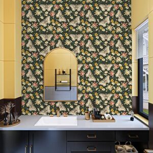 VaryPaper Dark Floral Wallpaper Peel and Stick Vintage Daisy Peony Butterfly Mural 17.7"x78.7" Waterproof Removable Black Contact Paper for Cabinets Drawers Walls