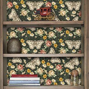 VaryPaper Dark Floral Wallpaper Peel and Stick Vintage Daisy Peony Butterfly Mural 17.7"x78.7" Waterproof Removable Black Contact Paper for Cabinets Drawers Walls