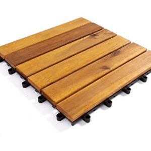 YAMAZING 12”x12” Solid Wood Interlocking Flooring Tiles (Pack of 9), Acacia Hardwood Deck Tiles, Floor Tile for Both Indoor & Outdoor Use, Patio Garden, Waterproof All Weather, 6 Slat (9 Sq Ft)