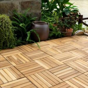 YAMAZING 12”x12” Solid Wood Interlocking Flooring Tiles (Pack of 9), Acacia Hardwood Deck Tiles, Floor Tile for Both Indoor & Outdoor Use, Patio Garden, Waterproof All Weather, 6 Slat (9 Sq Ft)