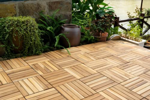 YAMAZING 12”x12” Solid Wood Interlocking Flooring Tiles (Pack of 9), Acacia Hardwood Deck Tiles, Floor Tile for Both Indoor & Outdoor Use, Patio Garden, Waterproof All Weather, 6 Slat (9 Sq Ft)