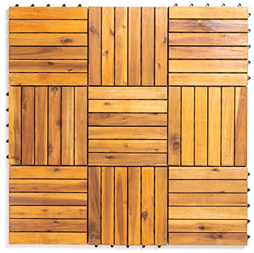 YAMAZING 12”x12” Solid Wood Interlocking Flooring Tiles (Pack of 9), Acacia Hardwood Deck Tiles, Floor Tile for Both Indoor & Outdoor Use, Patio Garden, Waterproof All Weather, 6 Slat (9 Sq Ft)