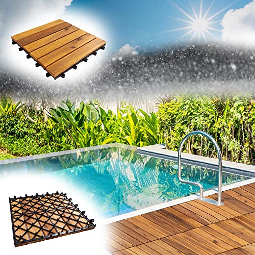 YAMAZING 12”x12” Solid Wood Interlocking Flooring Tiles (Pack of 9), Acacia Hardwood Deck Tiles, Floor Tile for Both Indoor & Outdoor Use, Patio Garden, Waterproof All Weather, 6 Slat (9 Sq Ft)