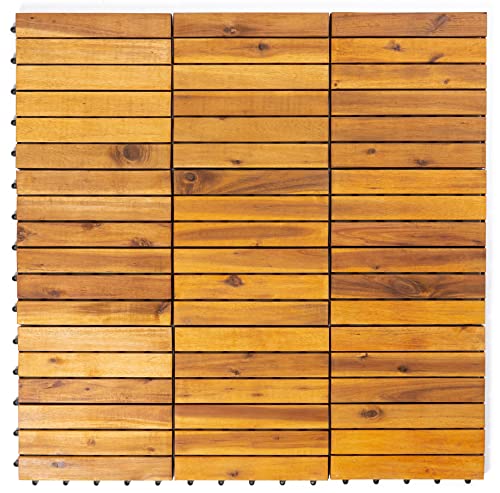 YAMAZING 12”x12” Solid Wood Interlocking Flooring Tiles (Pack of 9), Acacia Hardwood Deck Tiles, Floor Tile for Both Indoor & Outdoor Use, Patio Garden, Waterproof All Weather, 6 Slat (9 Sq Ft)