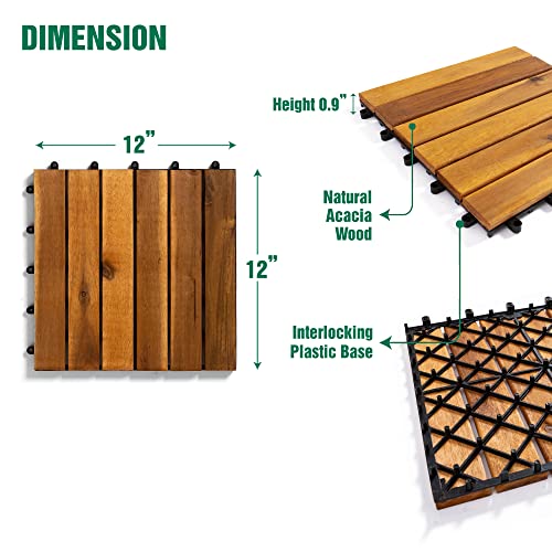 YAMAZING 12”x12” Solid Wood Interlocking Flooring Tiles (Pack of 9), Acacia Hardwood Deck Tiles, Floor Tile for Both Indoor & Outdoor Use, Patio Garden, Waterproof All Weather, 6 Slat (9 Sq Ft)