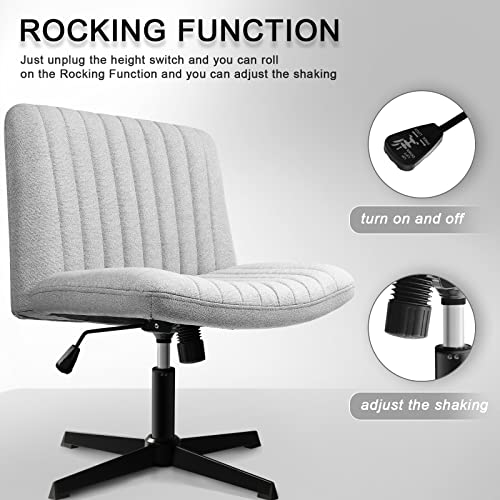 LEMBERI Fabric Padded Desk Chair No Wheels, Armless Wide Swivel,120°Rocking Mid Back Ergonomic Computer Task Vanity Chairs for Office, Home, Make Up,Small Space, Bed Room,Gray