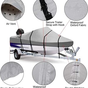 RVMasking 600D Heavy Duty Waterproof Trailerable Boat Cover with Storage Bag Fits Bass Boat, V-Hull, Runabout, Fish&Ski, Tri-Hull, Marine Grade Boat Cover Length: 17’-19’, Beam Width up to 96”