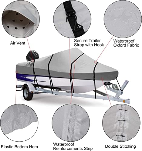 RVMasking 600D Heavy Duty Waterproof Trailerable Boat Cover with Storage Bag Fits Bass Boat, V-Hull, Runabout, Fish&Ski, Tri-Hull, Marine Grade Boat Cover Length: 17’-19’, Beam Width up to 96”