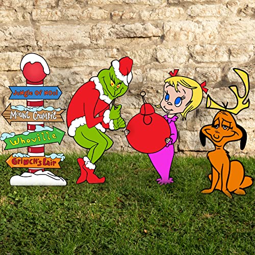 Grinch Christmas Decorations, 4PCS Yard Signs with Stakes, Grinch Cindy Max Whoville Sign for Xmas Garden Lawn Decor, Grinch Stealing Christmas Decor Party Supplies Holiday Decorations Outdoor