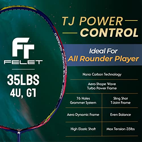 2X FELET TJ Power-Control (Blue Red) Badminton Racket - 3 in 1 Combination Frame with Japan Hot Melt Graphite, 35lbs Max Tension (4UG1) | Buy 1 Free 1