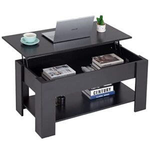 fdw lift top coffee table with hidden compartment and storage shelf wooden lift tabletop for home living room reception room office (black)