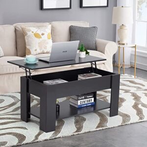 FDW Lift Top Coffee Table with Hidden Compartment and Storage Shelf Wooden Lift Tabletop for Home Living Room Reception Room Office (Black)