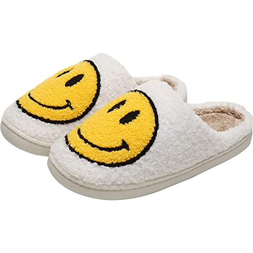 PLMOKN Smile Face Slippers,Retro Soft Plush Lightweight House Slippers Slip-on Cozy Indoor Outdoor Slippers,Slip on Anti-Skid SoleWhite01 10-11Women/9-10Men