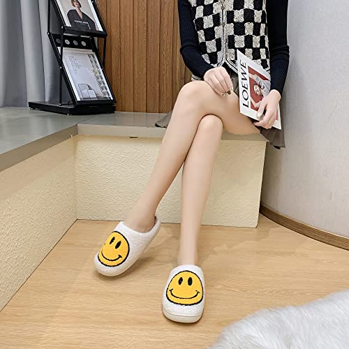 PLMOKN Smile Face Slippers,Retro Soft Plush Lightweight House Slippers Slip-on Cozy Indoor Outdoor Slippers,Slip on Anti-Skid SoleWhite01 10-11Women/9-10Men