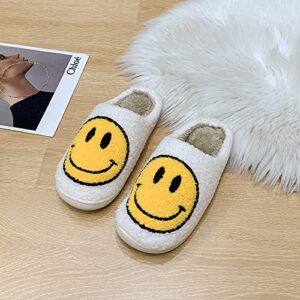 PLMOKN Smile Face Slippers,Retro Soft Plush Lightweight House Slippers Slip-on Cozy Indoor Outdoor Slippers,Slip on Anti-Skid SoleWhite01 10-11Women/9-10Men