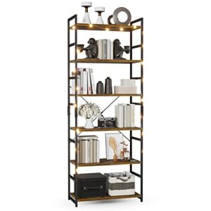 otk 6 tier adjustable bookshelf with string light tall bookcase, office shelf storage organizer, modern book shelf for living room, bedroom, and home office, vintage