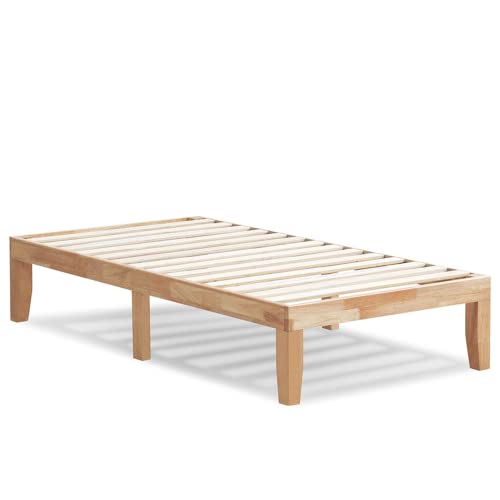 KOMFOTT 14 Inches Wood Platform Bed Frame Twin Size, Solid Wood Mattress Foundation with Rubber Wood Frame, Strong Poplar Wood Slat Support, No Box Spring Needed, Bed Frame (Natural)