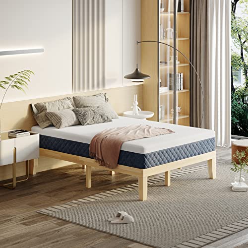 KOMFOTT 14 Inches Wood Platform Bed Frame Twin Size, Solid Wood Mattress Foundation with Rubber Wood Frame, Strong Poplar Wood Slat Support, No Box Spring Needed, Bed Frame (Natural)