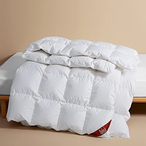 Airluck Feather Down Comforter Queen Size Full Hotel Fluffy Duvet Insert All Seasons Down Blanket Solid White 90x90 inches Medium Warm 50oz Soft Down Proof Cotton Poly Cover with Corner Tabs