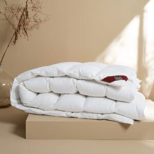 Airluck Feather Down Comforter Queen Size Full Hotel Fluffy Duvet Insert All Seasons Down Blanket Solid White 90x90 inches Medium Warm 50oz Soft Down Proof Cotton Poly Cover with Corner Tabs