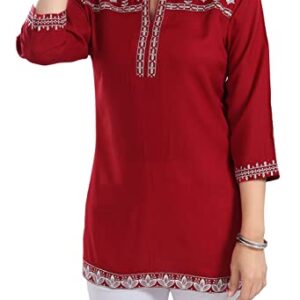 IshDeena Indian Kurtis for Women Indian Style Printed Embroidered Tunics Womens Tops Kurta (Extra Large, Red - 0622S1ID2)