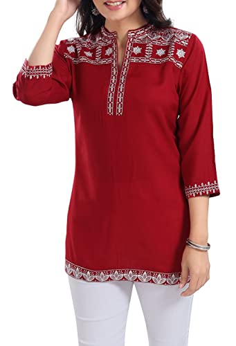 IshDeena Indian Kurtis for Women Indian Style Printed Embroidered Tunics Womens Tops Kurta (Extra Large, Red - 0622S1ID2)