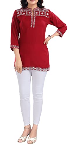 IshDeena Indian Kurtis for Women Indian Style Printed Embroidered Tunics Womens Tops Kurta (Extra Large, Red - 0622S1ID2)